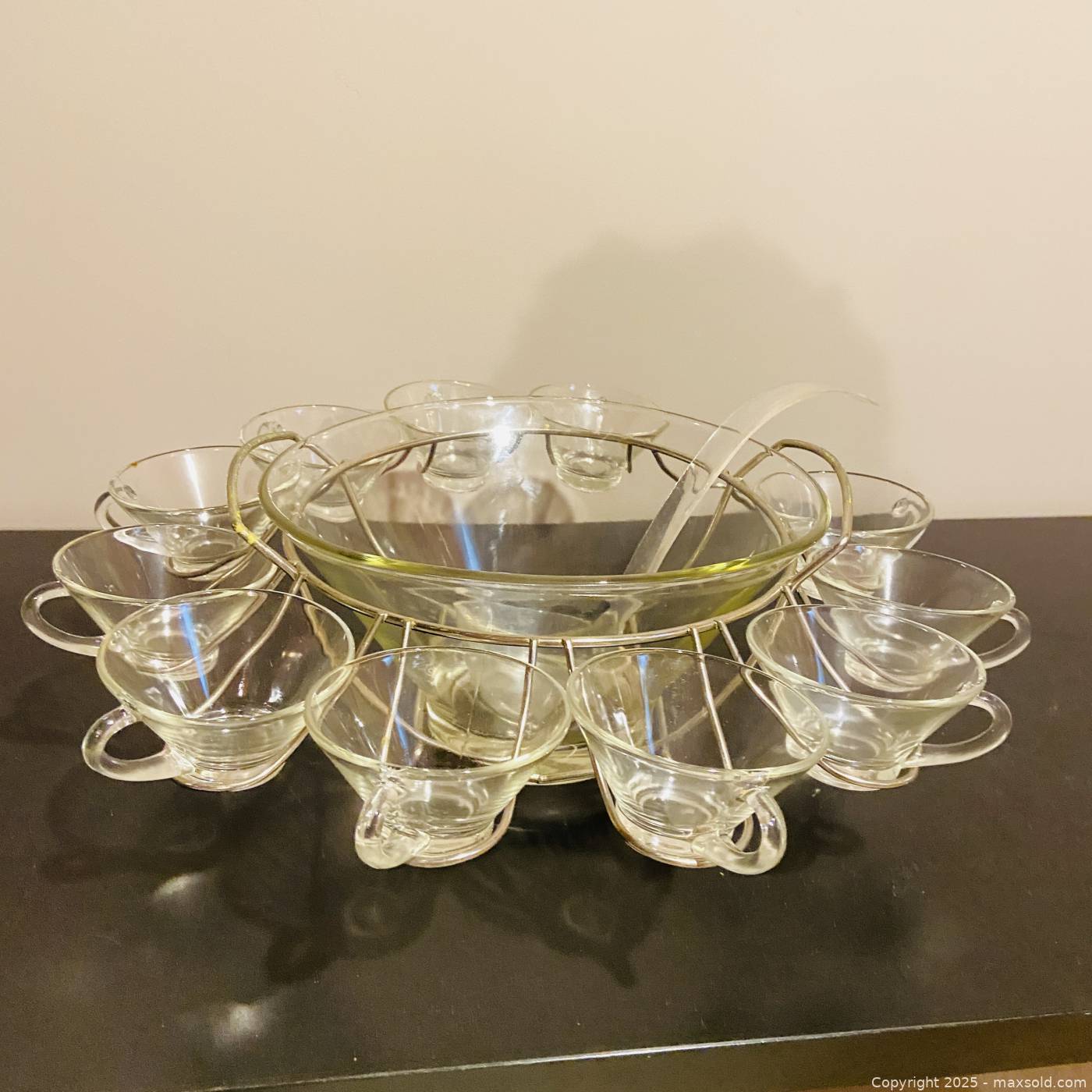 Vintage glass punch bowl set with stand, ladle and 11 cups | Maxsold