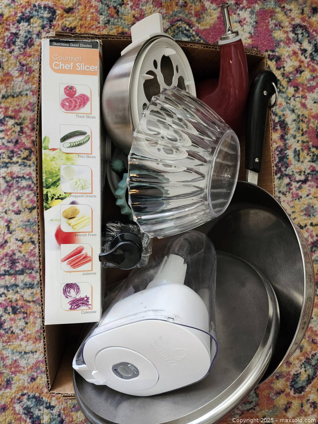 Revere Ware skillet, Rachel Ray EVOO bottle, mandoline slicer, Brita ...