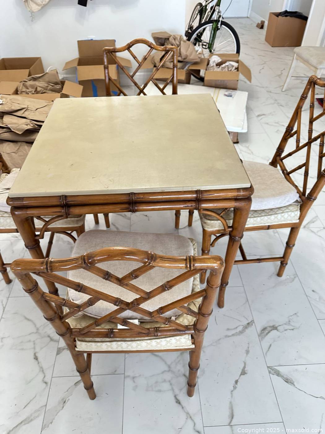 Faux bamboo square dining table and 4 chairs | Maxsold