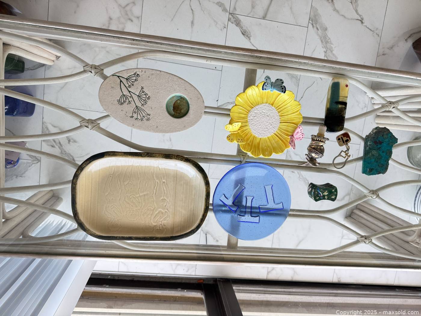 Mixed fused glass, pressed blue glass, ceramic and stone lot | Maxsold