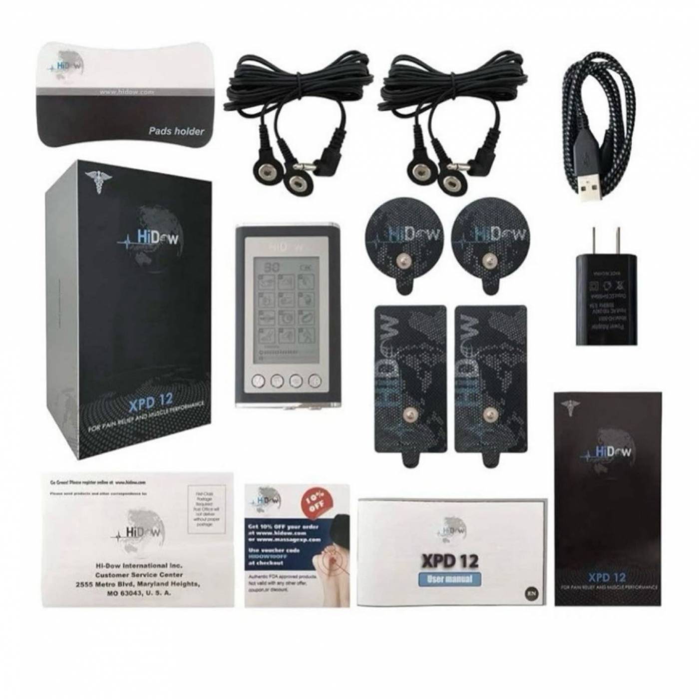 HiDow XPD 12 12-Mode TENS/EMS unit with accessories new open box | Maxsold