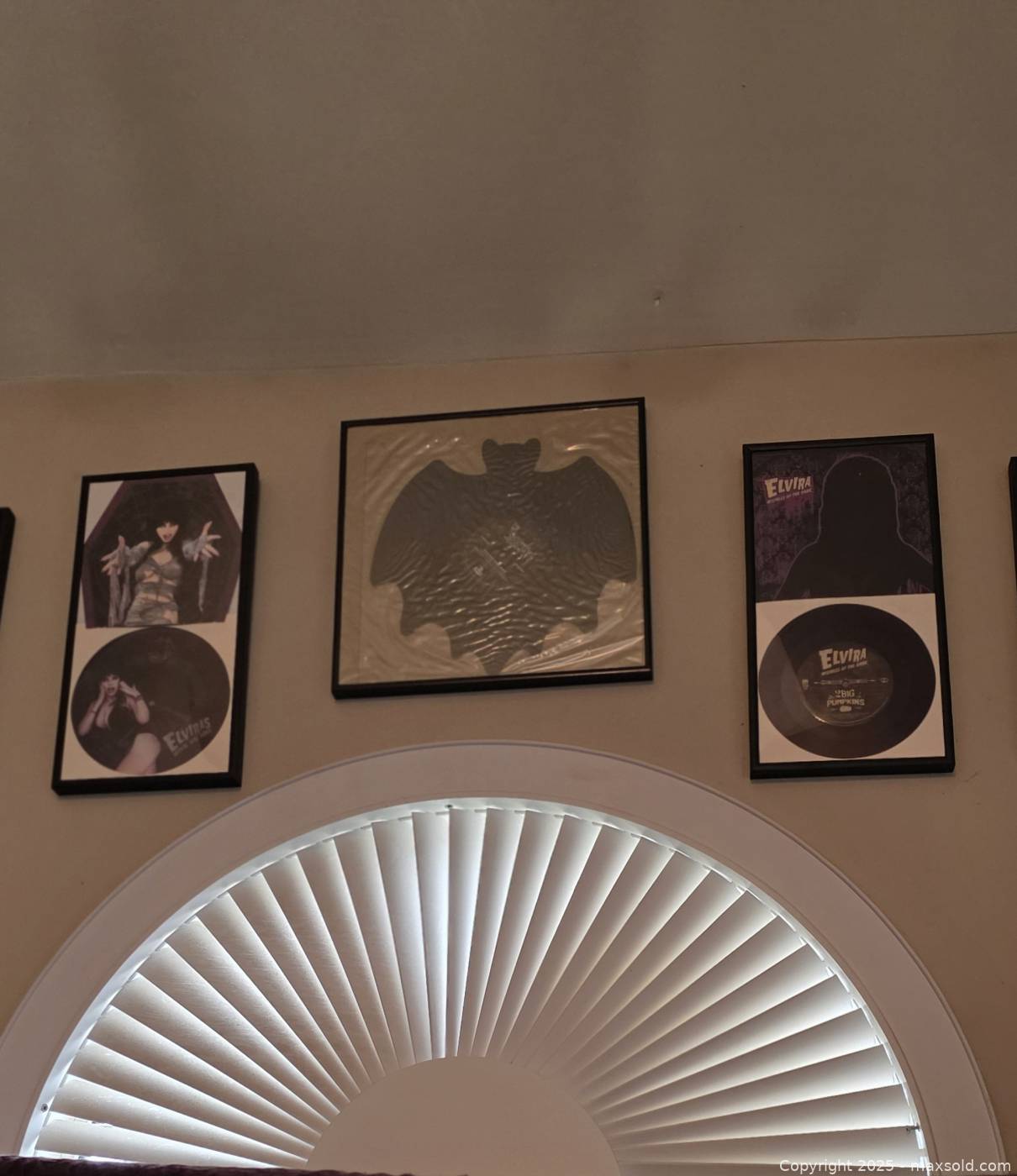 Framed Elvira and bat-shaped vinyl record displays | Maxsold
