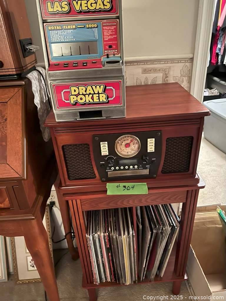 Wooden Record Player Console, Vinyl LPs, Slot Machine | Maxsold