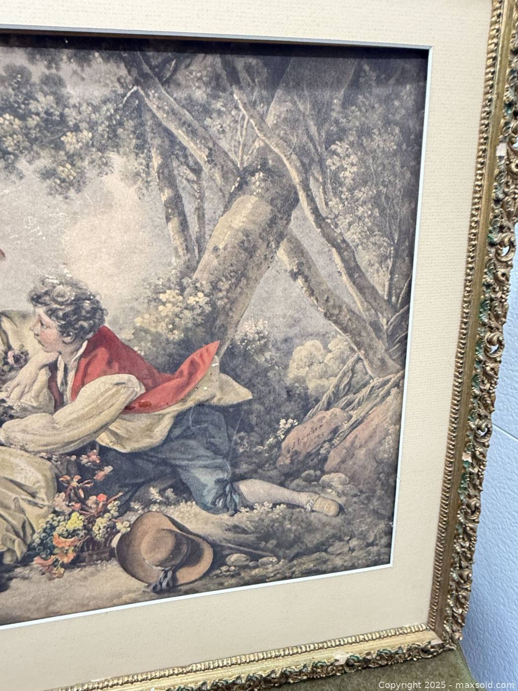 François Boucher hand-colored woodblock print in gilt frame | Maxsold