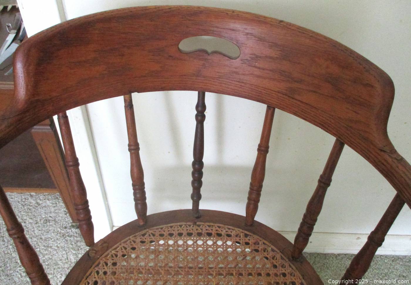 Antique Sherbrooke Quebec cane seat captain’s spindle chair | Maxsold