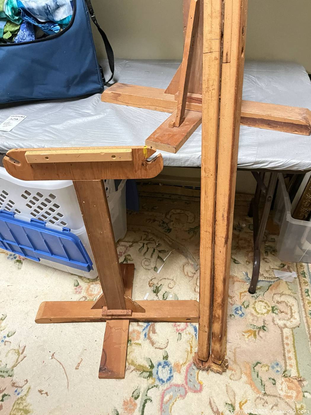 Antique wooden quilt frame and ArtBin fabric tote | Maxsold