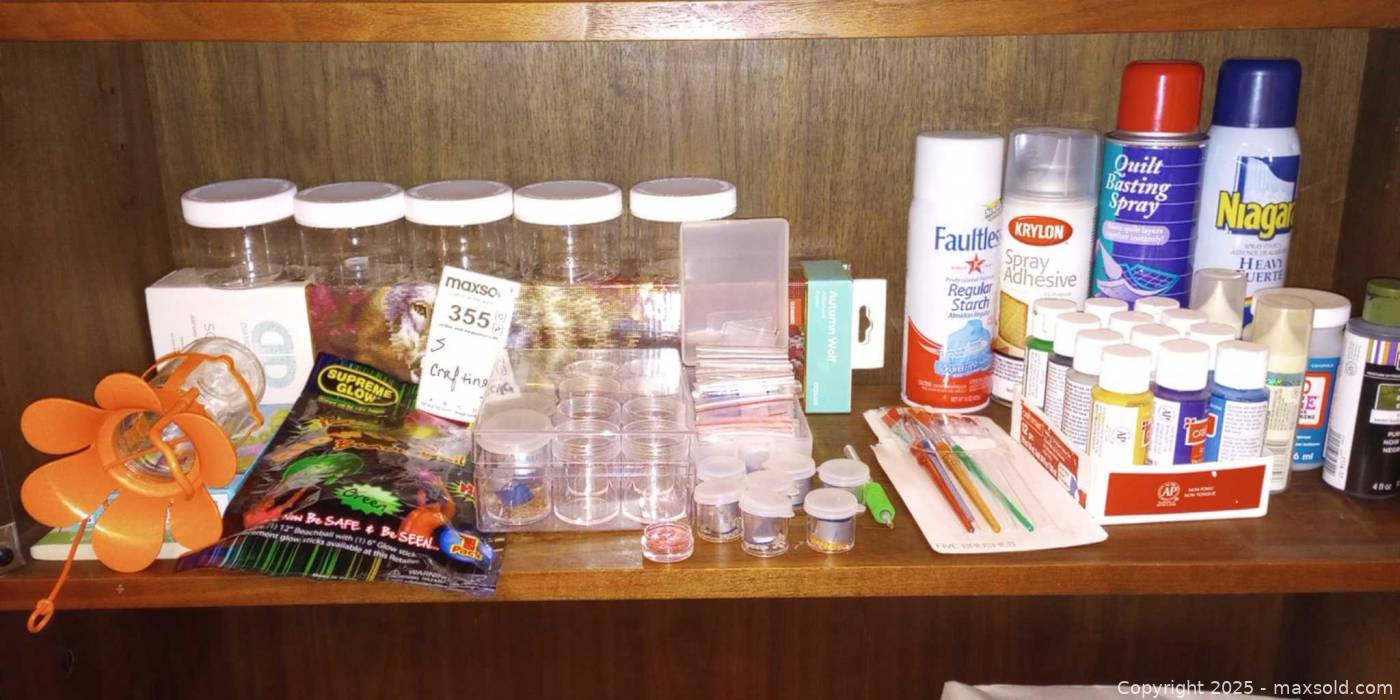 Mixed craft paints sprays storage tools | Maxsold