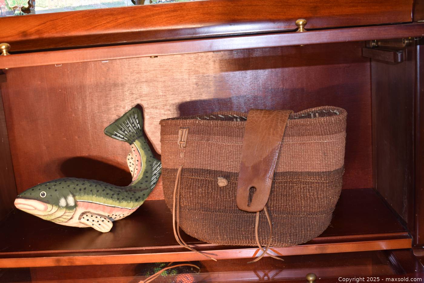 Woven leather fishing creel and papier mache fish | Maxsold