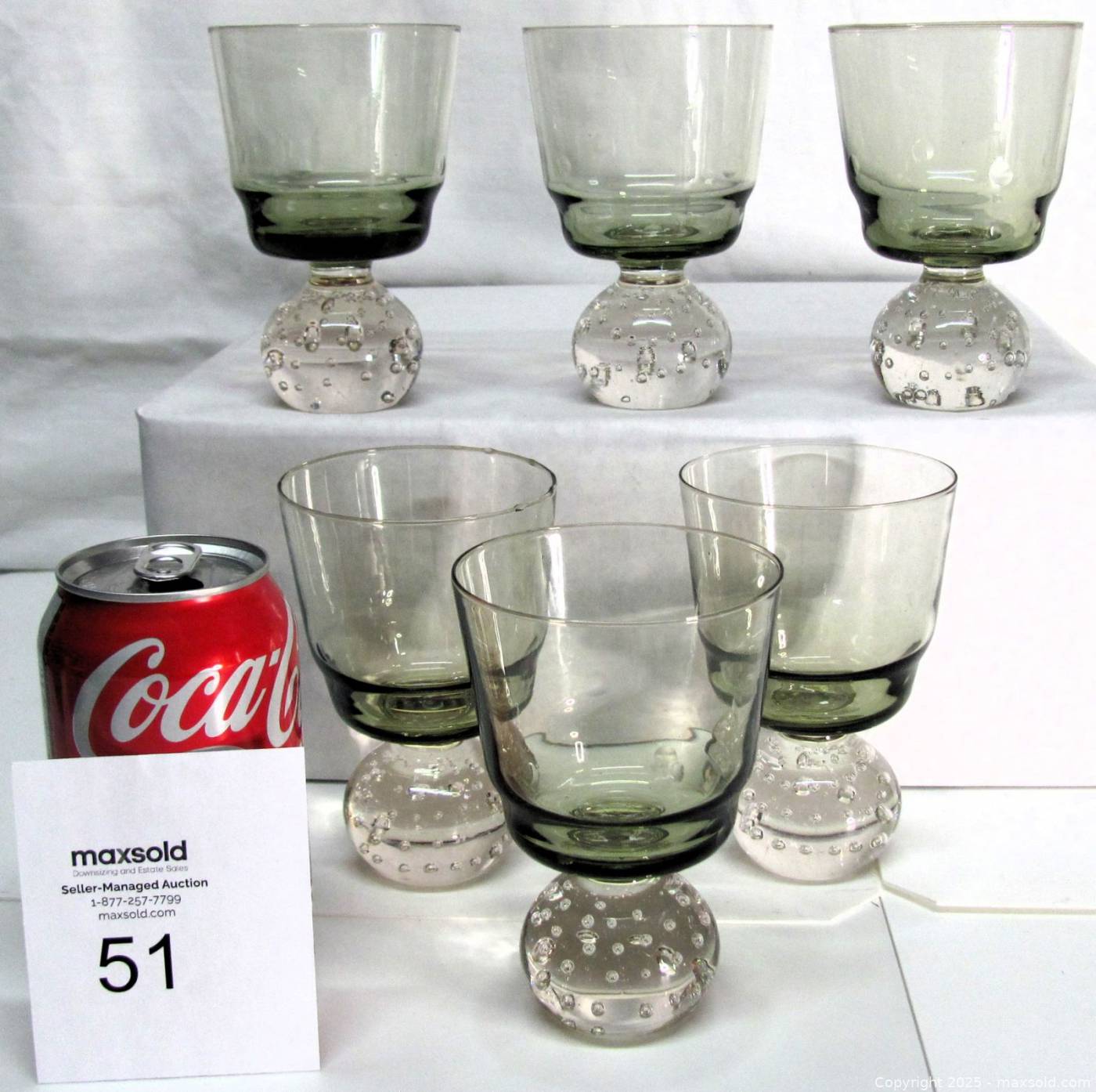 6 Carl Erickson pale green bubble stem goblets | Maxsold