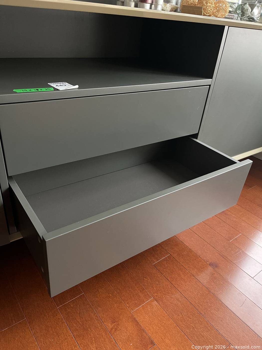 Charcoal media cabinet TV stand with drawers and doors | Maxsold