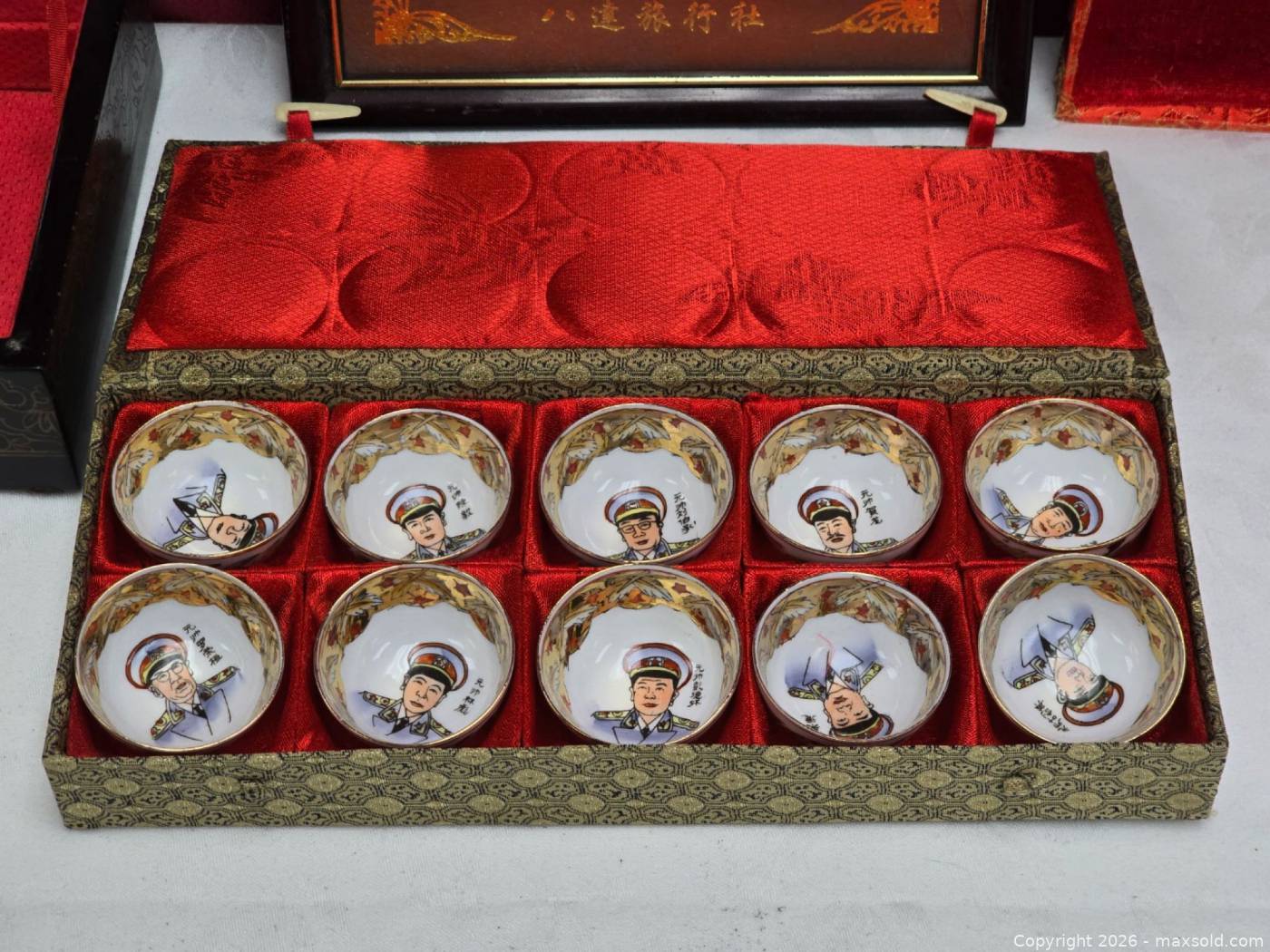 Boxed set of 10 Chinese porcelain cups and embroidered round fan | Maxsold