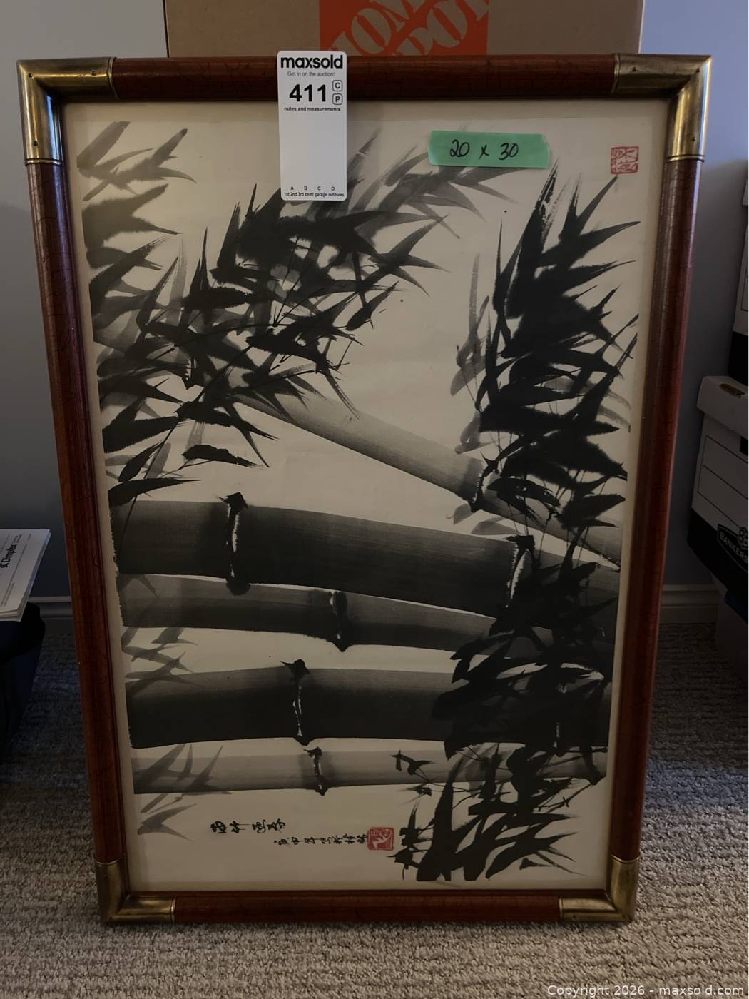 Framed Asian bamboo ink artwork 30 x 30 | Maxsold