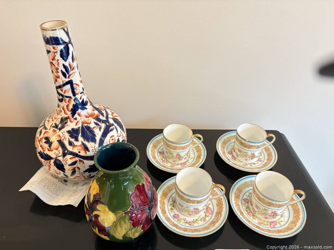Limoges demitasse cups & saucers, Moorcroft vase, decorative bottle ...