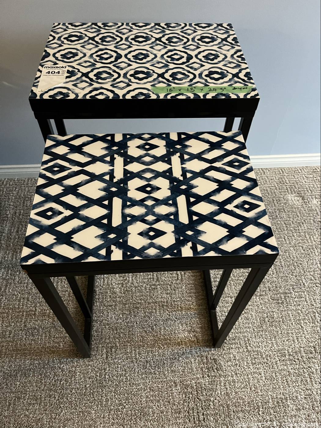 Two blue-white top nesting tables | Maxsold