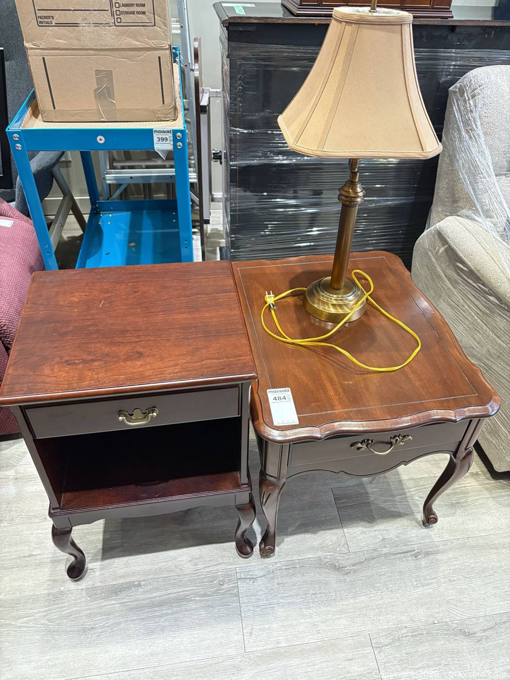 Queen Anne hardwood side tables with lamp | Maxsold