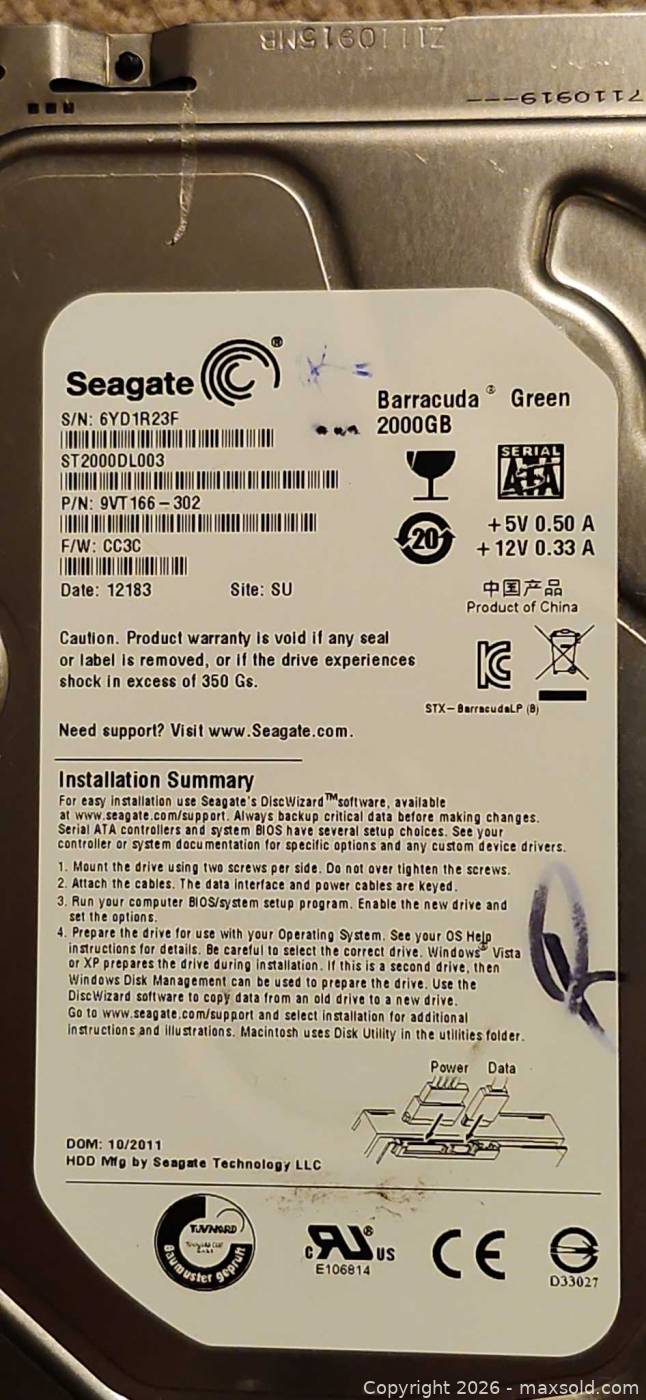 Seagate Barracuda Green 2TB 3.5" SATA HDD | Maxsold