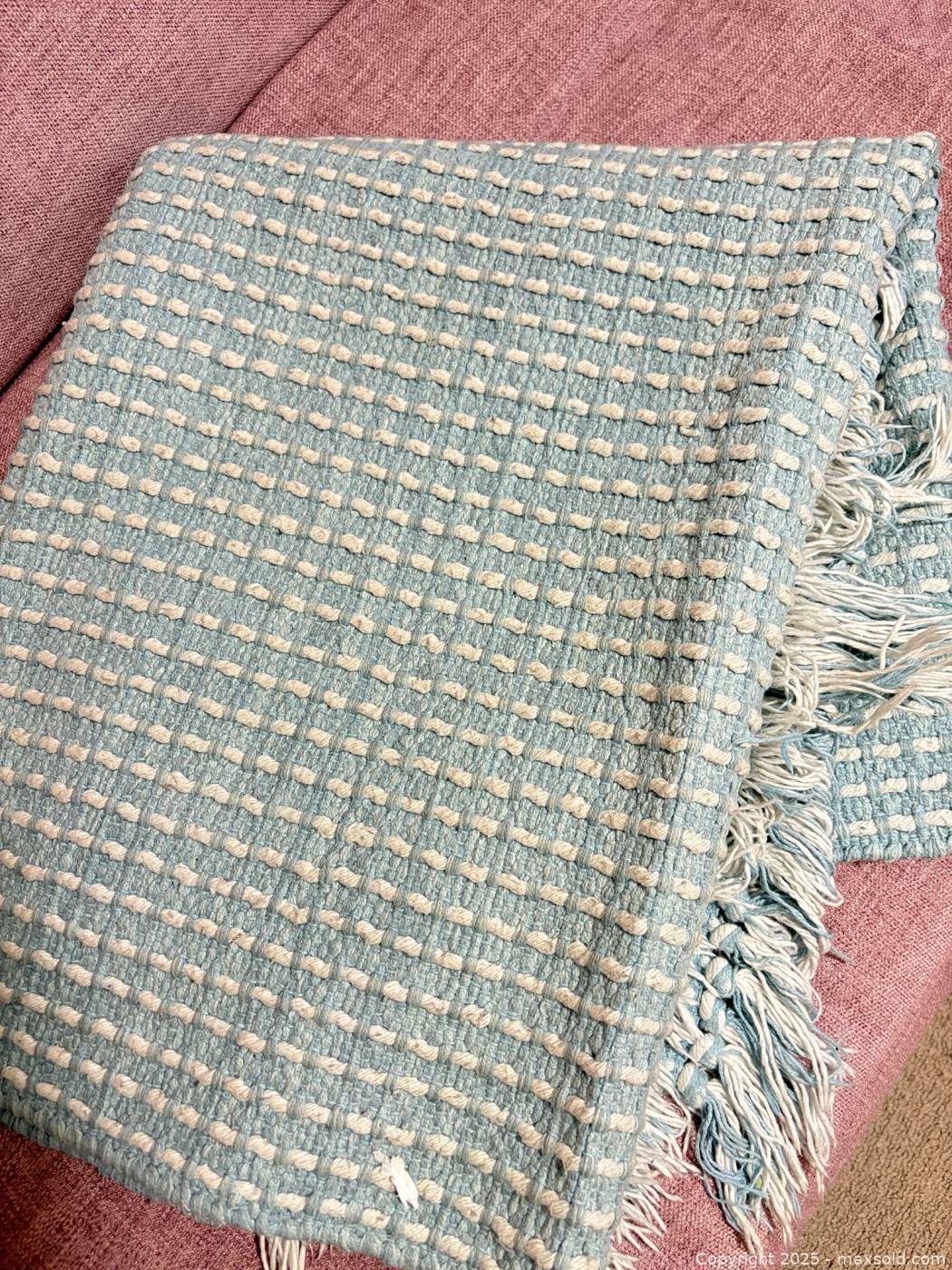 Woven floor rug, light blue and cream, fringed | Maxsold