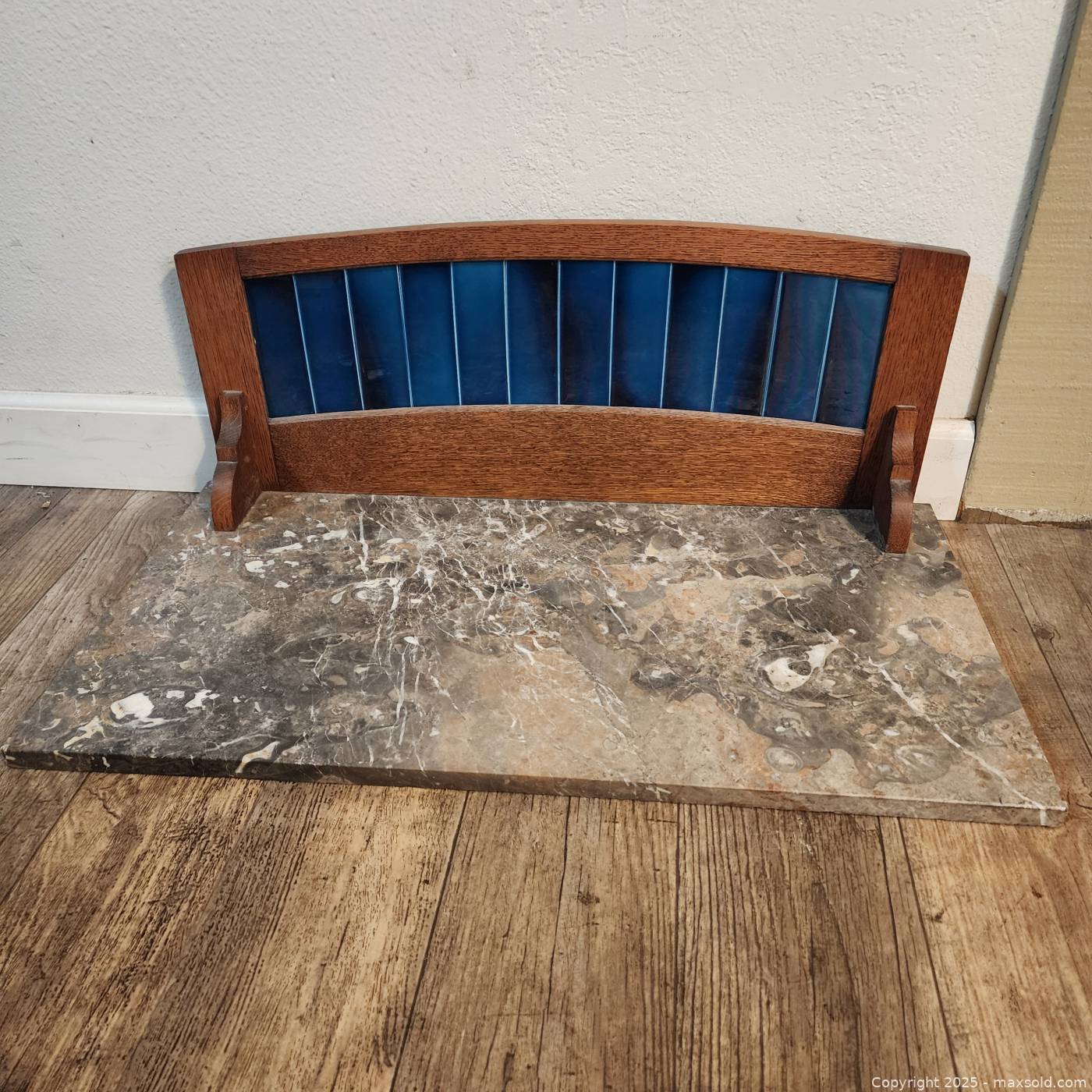 Blue slag glass panel with frame and marble slab | Maxsold