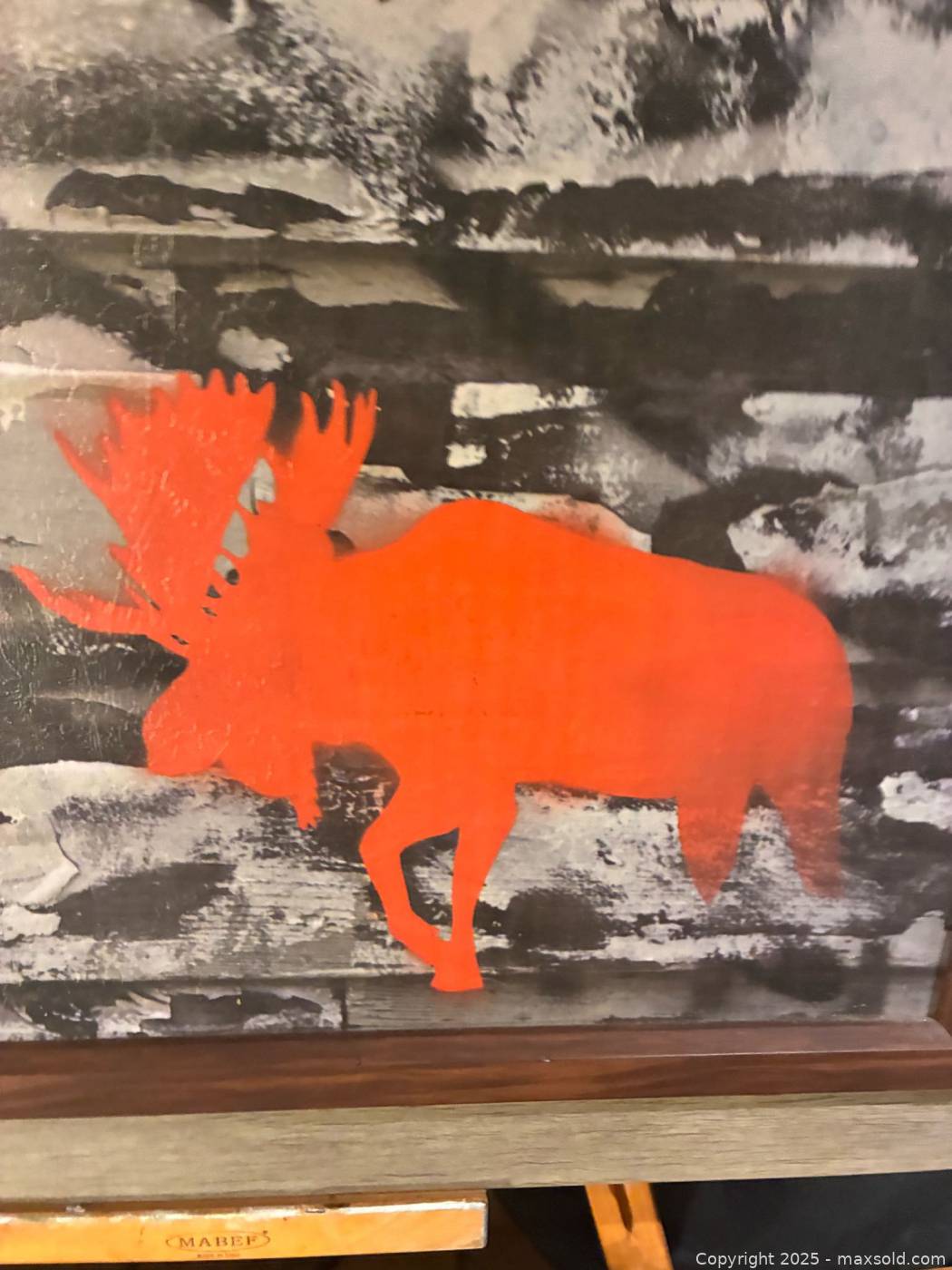 Framed square wall art with orange moose silhouette on grayscale ...