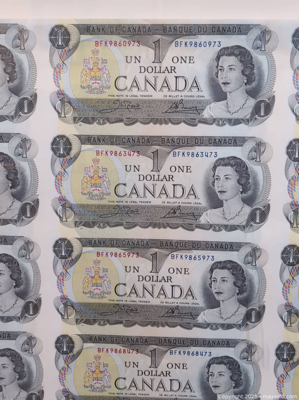 Framed uncut sheet of forty Canadian $1 banknotes | Maxsold