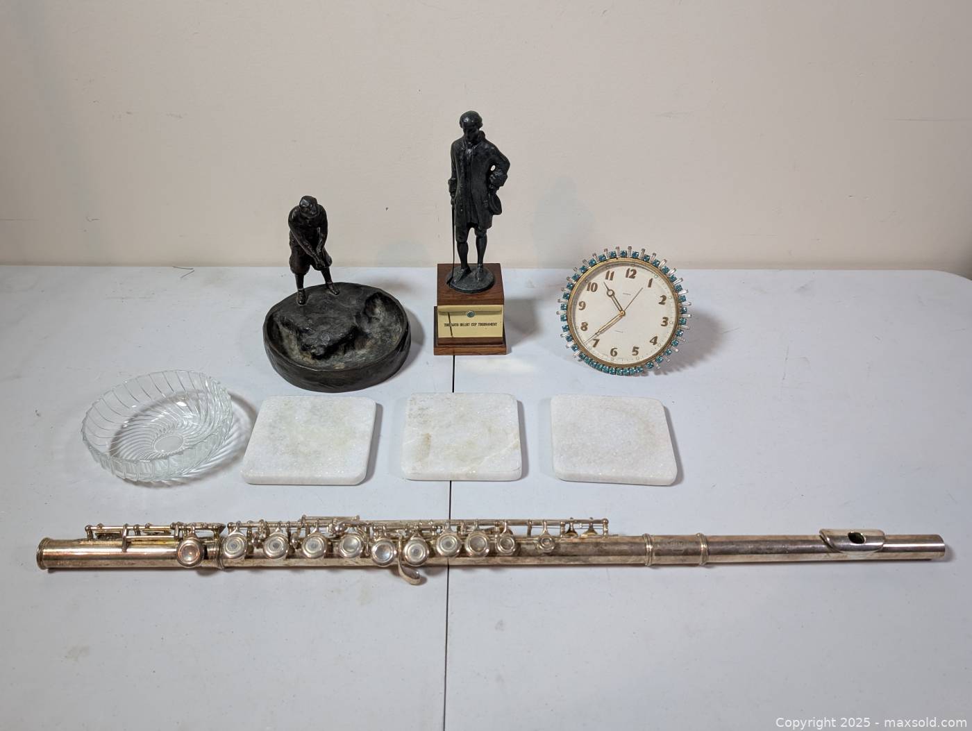 Ranger silver flute, Semca rhinestone alarm clock, bronze trophy figure ...