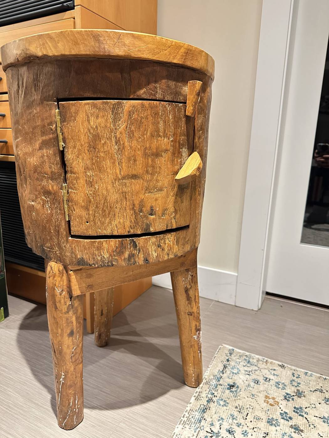 Raw wood round side table with door | Maxsold