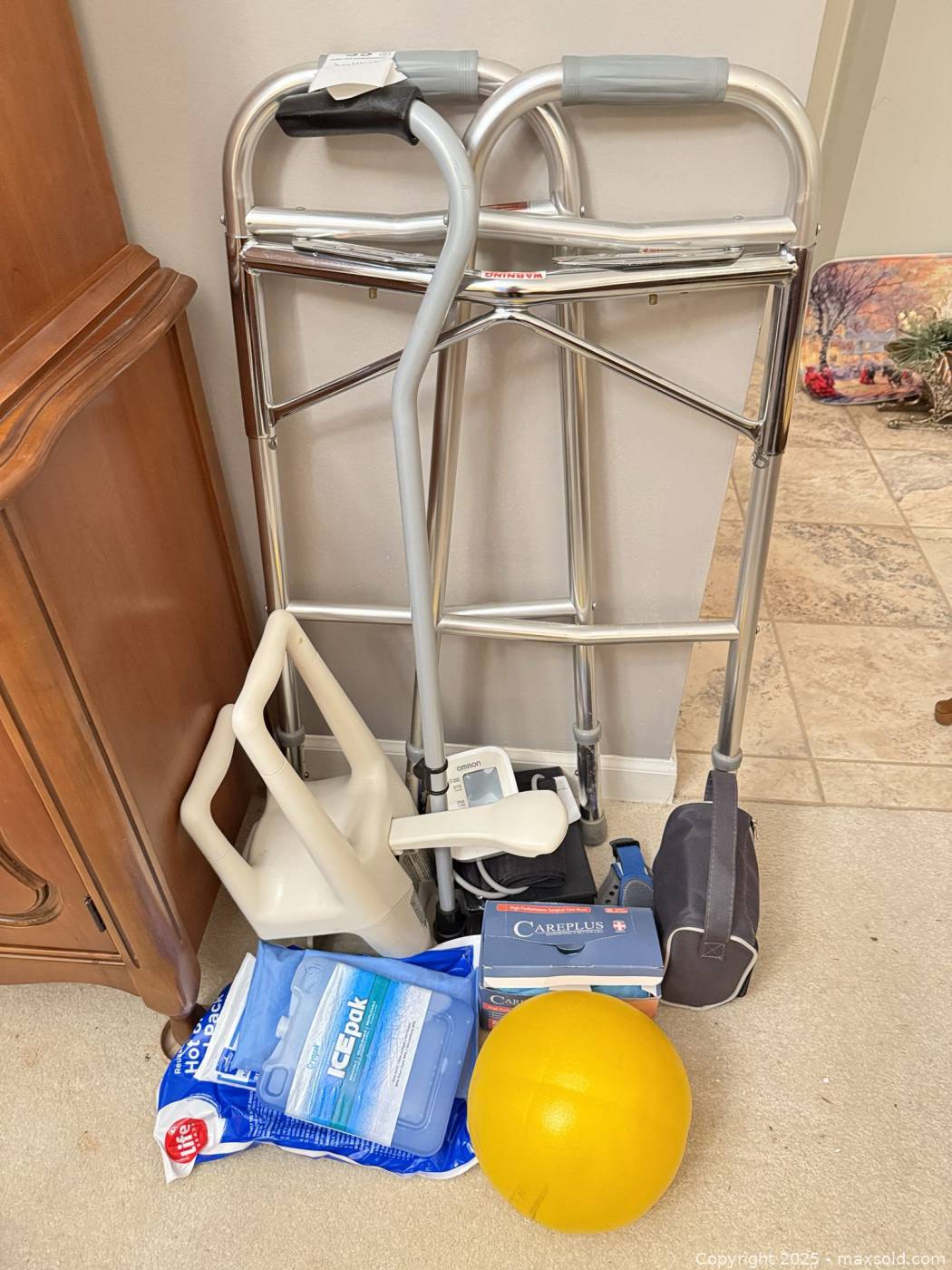 Walker, cane, bath transfer seat, 2 BP monitors, gel packs, orthopedic ...