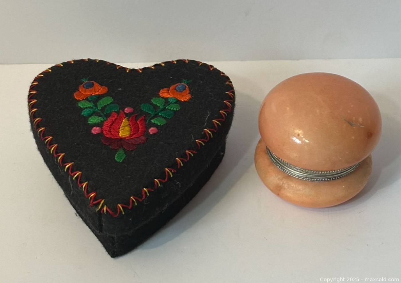 Heart Shaped Embroidered Trinket Box and Round Stone Hinged Trinket Box ...