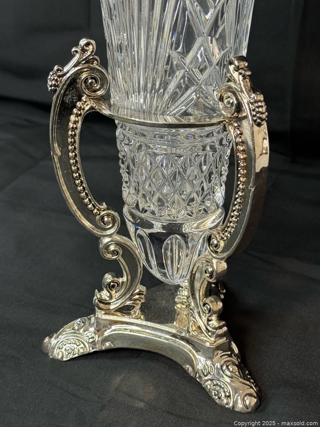 Vintage Godinger Shannon 24% lead crystal vase on ornate silver-plated ...