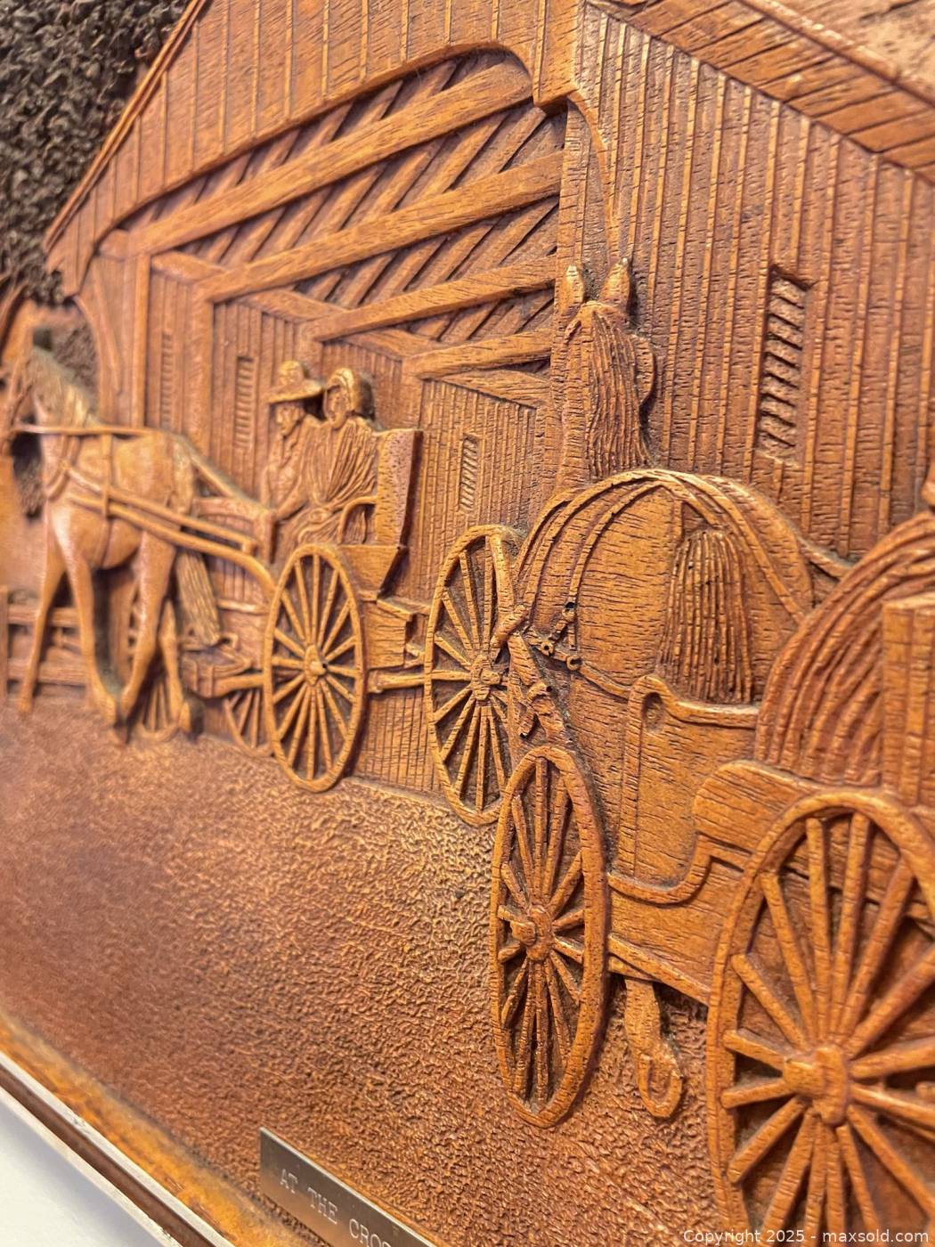 Wood relief carving “At The Crossing” signed Kim Murray | Maxsold