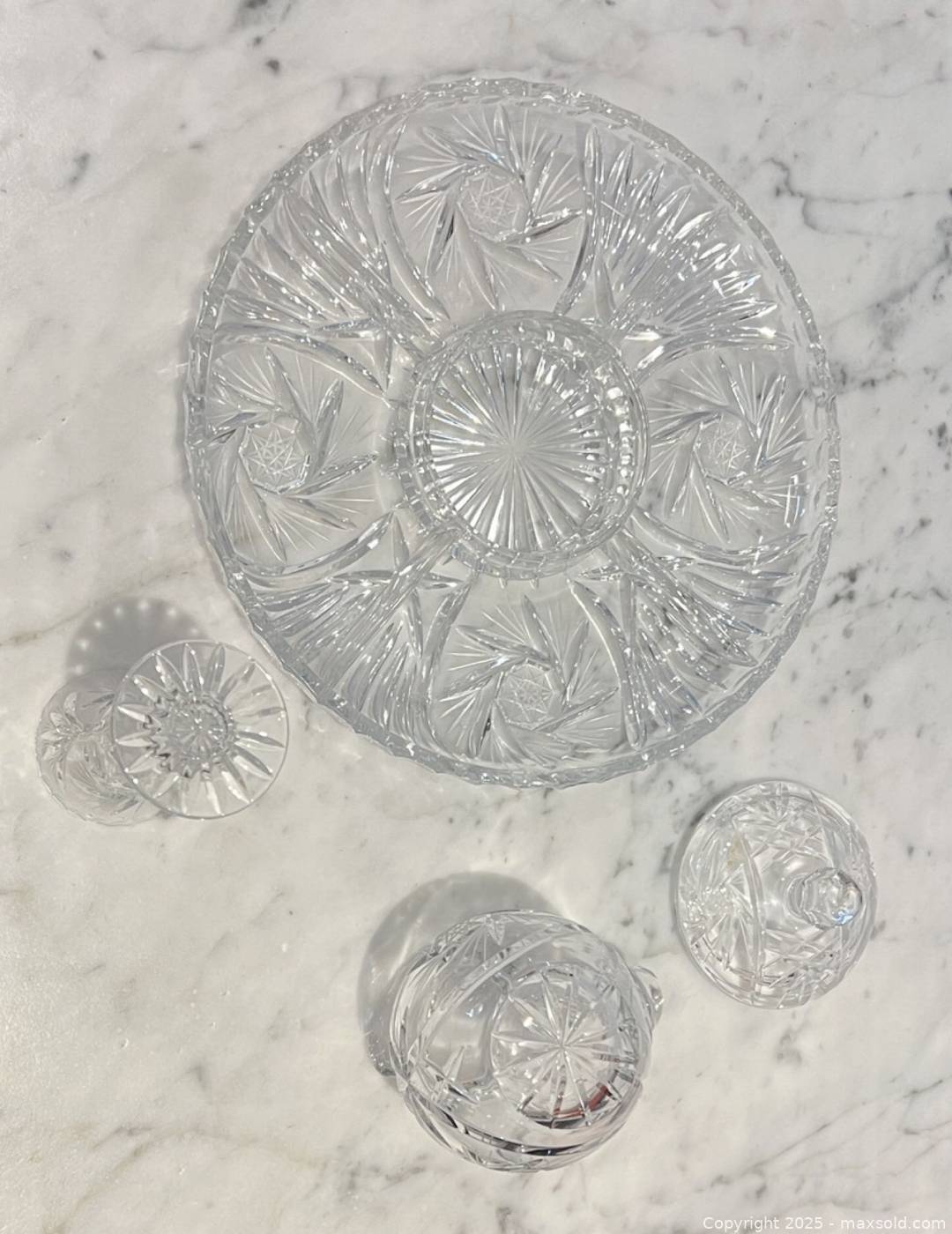Cut crystal serving platter, dip bowl, pitcher & bud vase | Maxsold