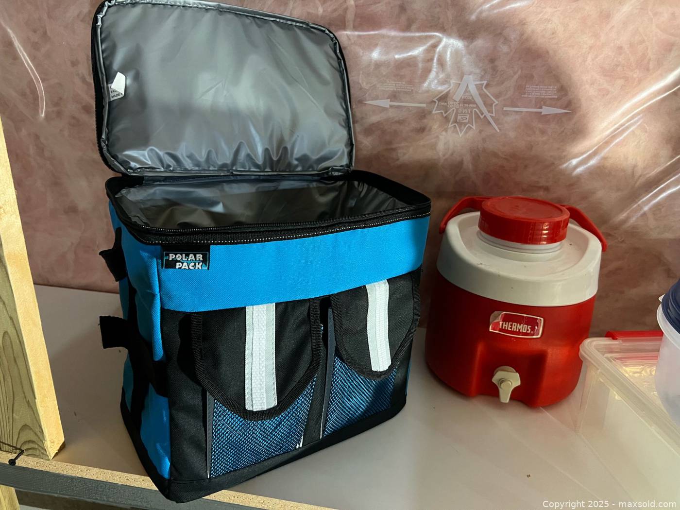 Plastic storage containers, Polar Pack soft cooler, Thermos 2-gal jug ...
