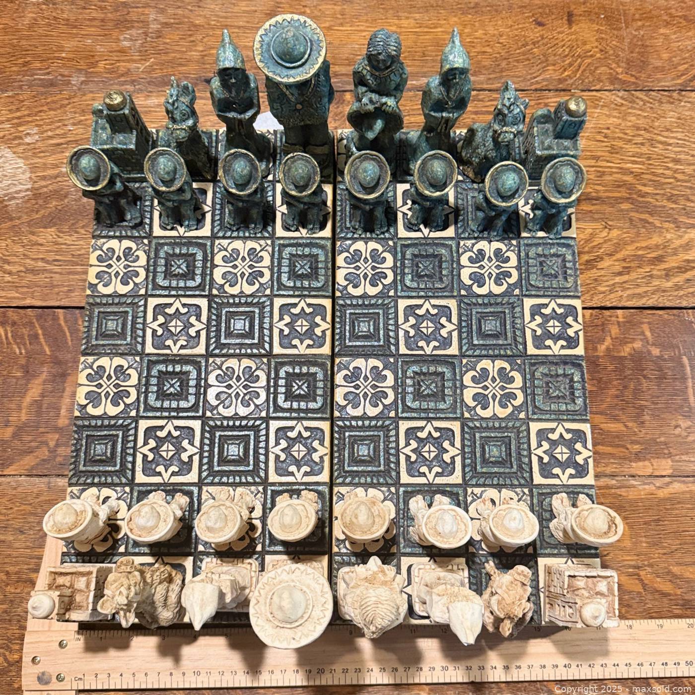 Hand-carved mosaic tile chess set with folding board | Maxsold