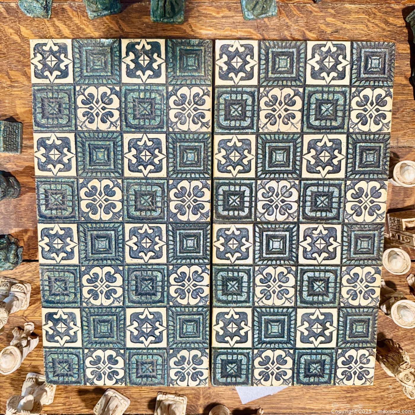 Hand-carved mosaic tile chess set with folding board | Maxsold