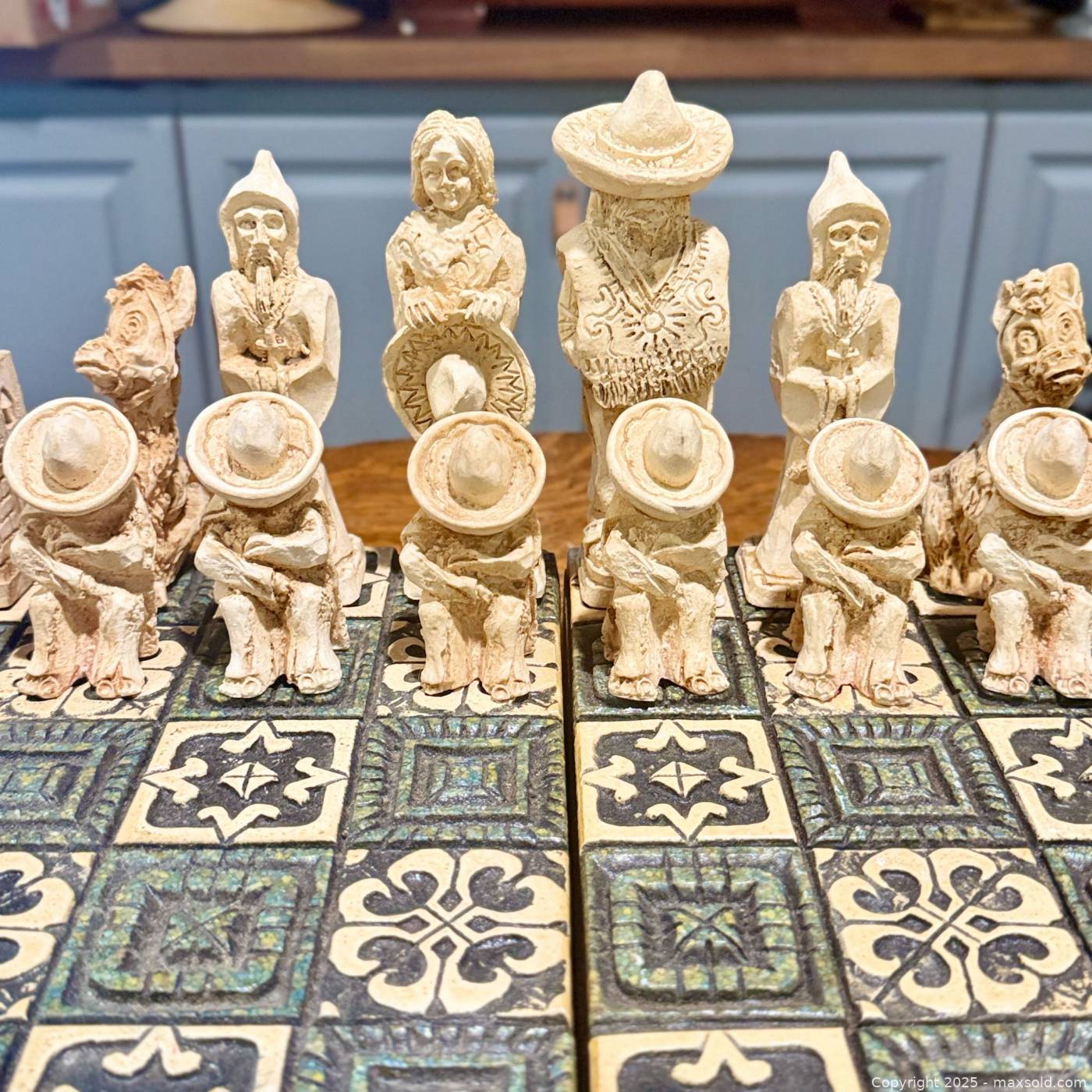 Hand-carved mosaic tile chess set with folding board | Maxsold