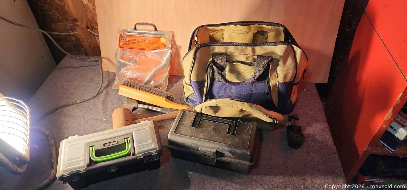 Tool bag, tool boxes, drain snake, mallet, brush | Maxsold