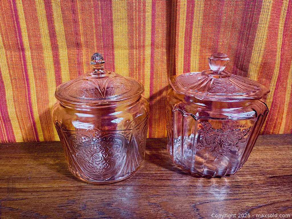 Pair Pink Depression Glass Lidded Cookie Jars | Maxsold
