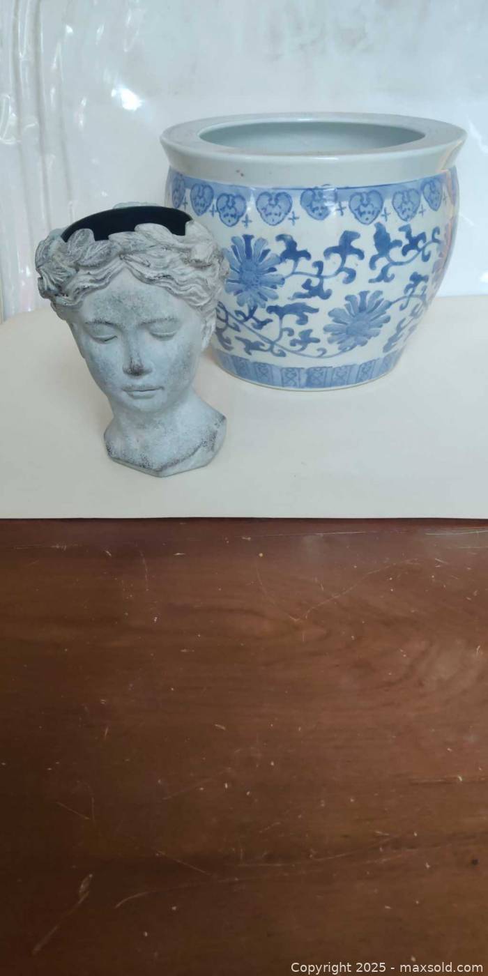 Blue and white ceramic planter and concrete bust cachepot | Maxsold