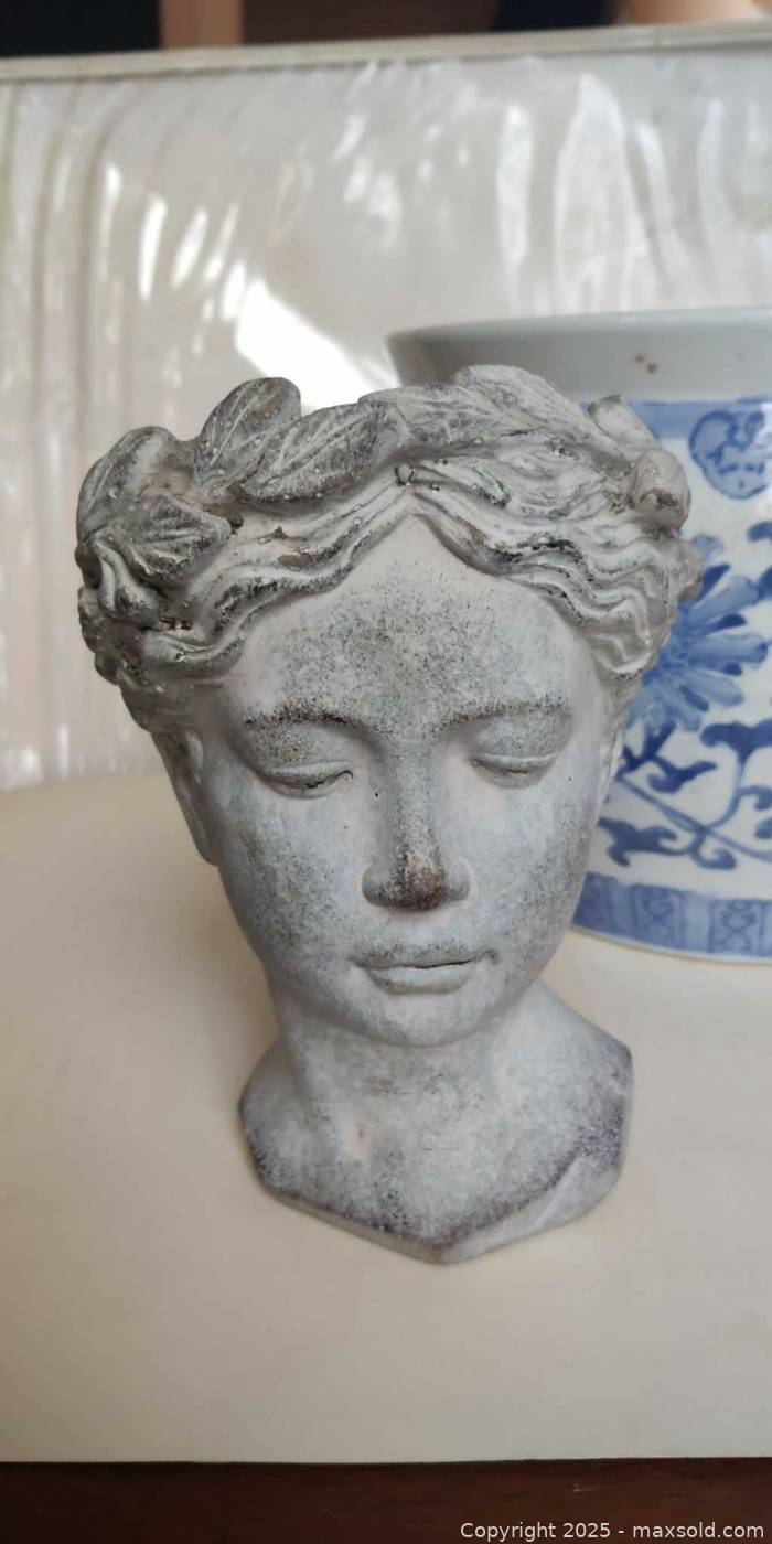 Blue and white ceramic planter and concrete bust cachepot | Maxsold