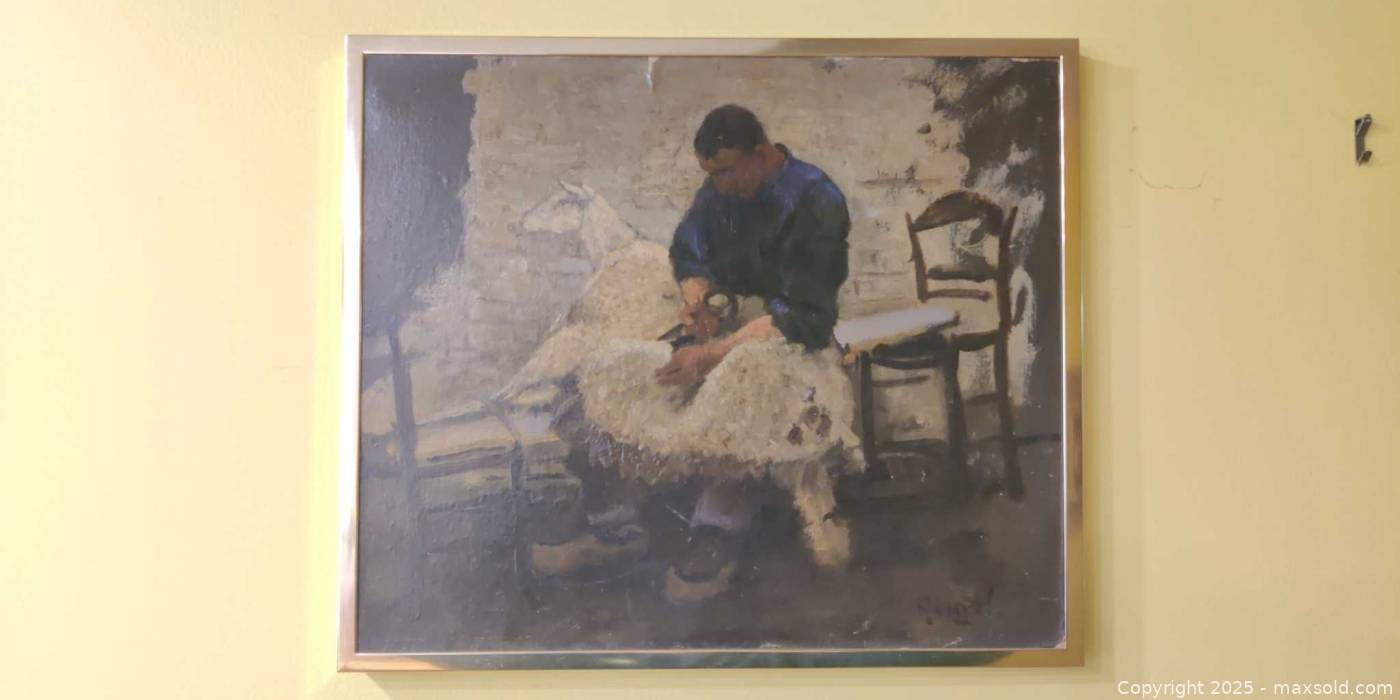 Framed oil genre painting of man shearing sheep | Maxsold