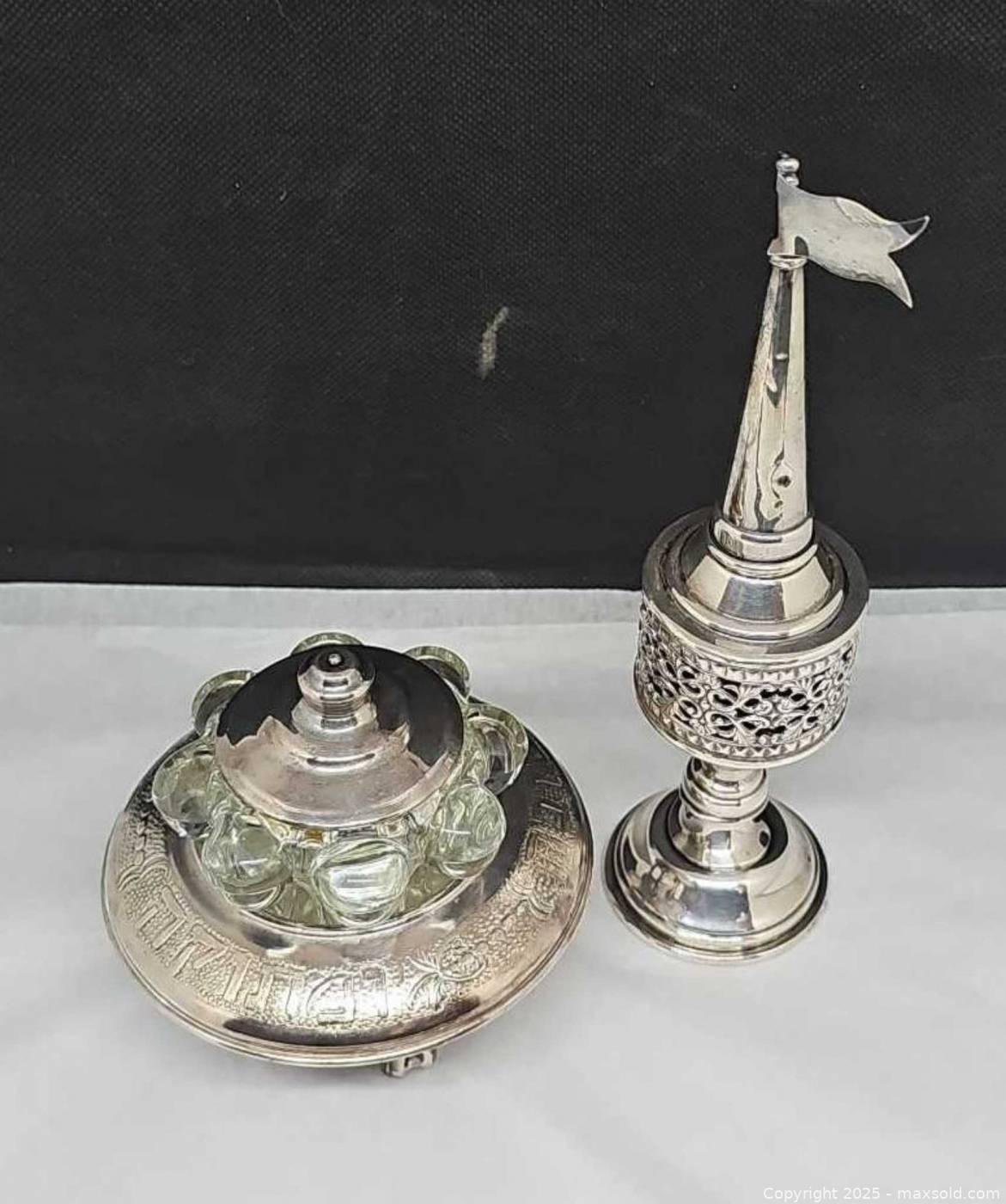 Sterling silver Judaica spice tower and silvertone honey dish | Maxsold