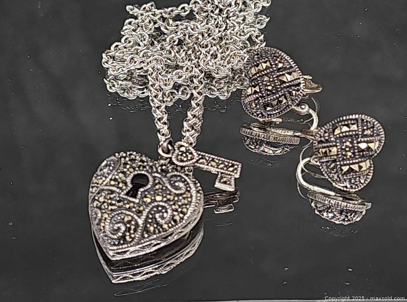 Sterling silver marcasite heart lock necklace and clip-on earrings ...