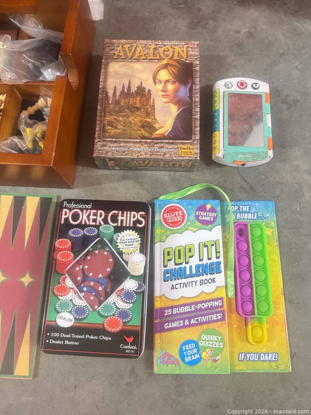 Avalon board game, wooden multi-game box, poker chips, card games, pop ...