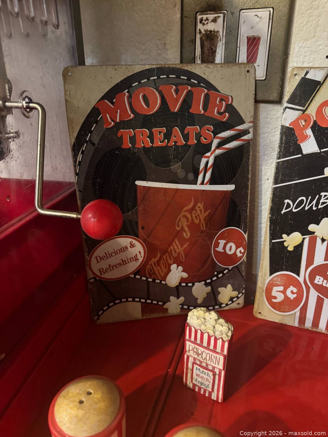 Vintage popcorn machine, signs, shakers, bucket | Maxsold