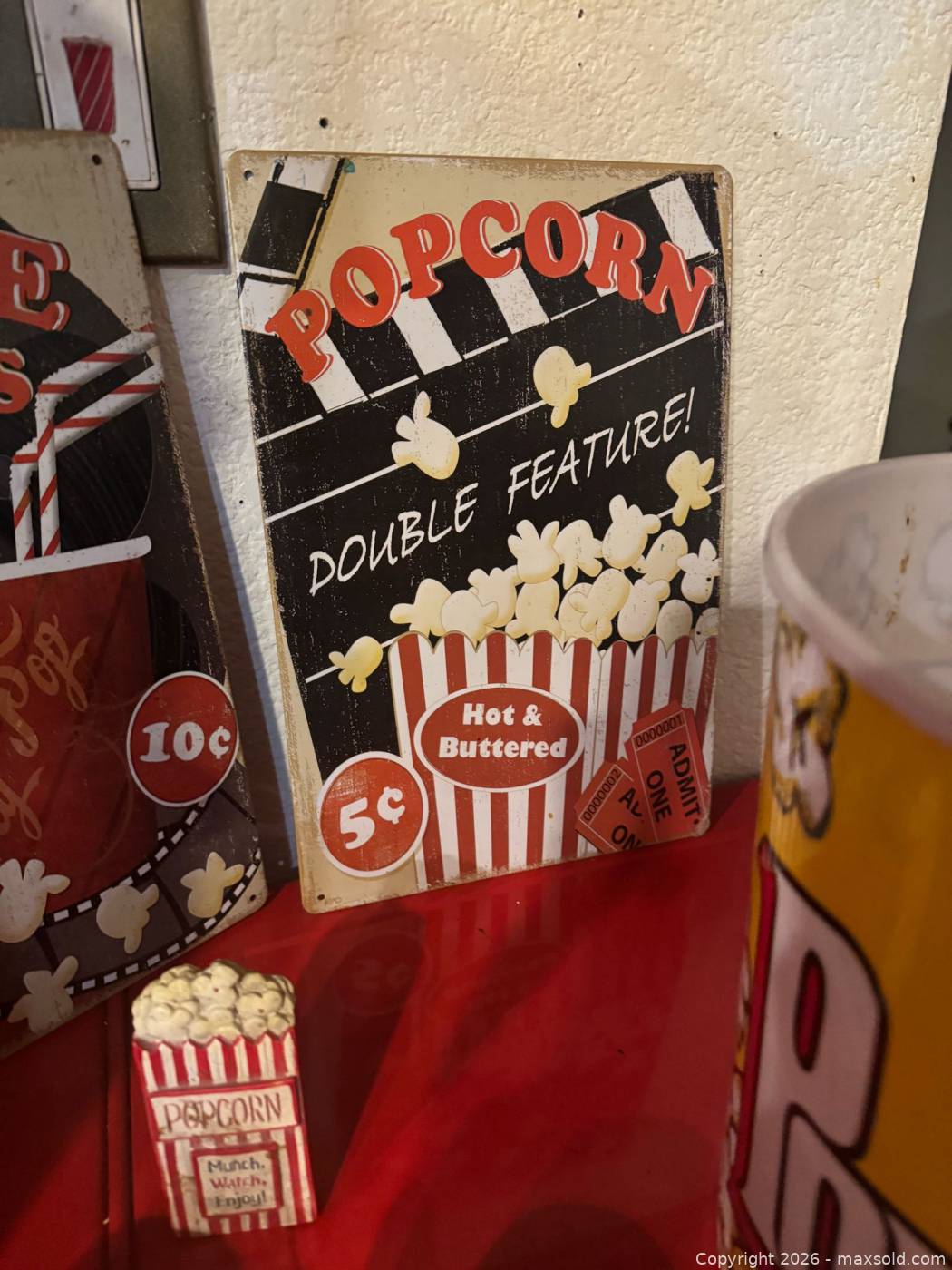 Vintage popcorn machine, signs, shakers, bucket | Maxsold