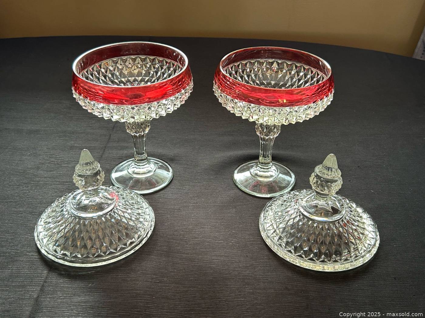 Pair Ruby-Flashed Diamond Point Covered Compotes | Maxsold