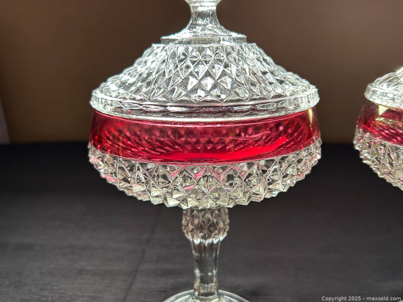 Pair Ruby-Flashed Diamond Point Covered Compotes | Maxsold