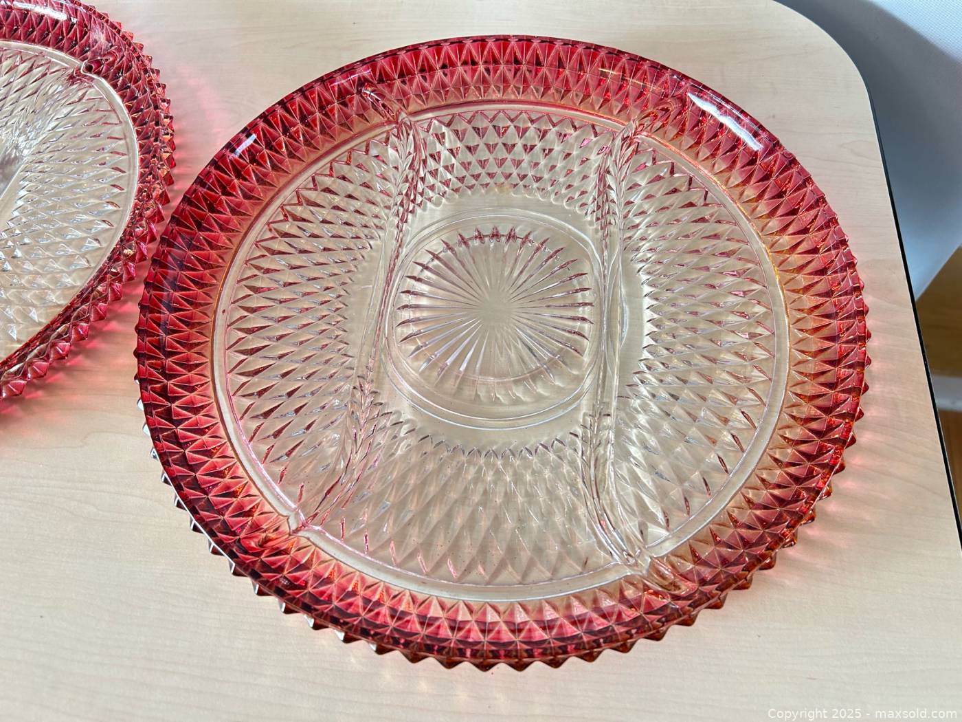 Pair Indiana Glass Diamond Point ruby flash divided serving platters 12 ...