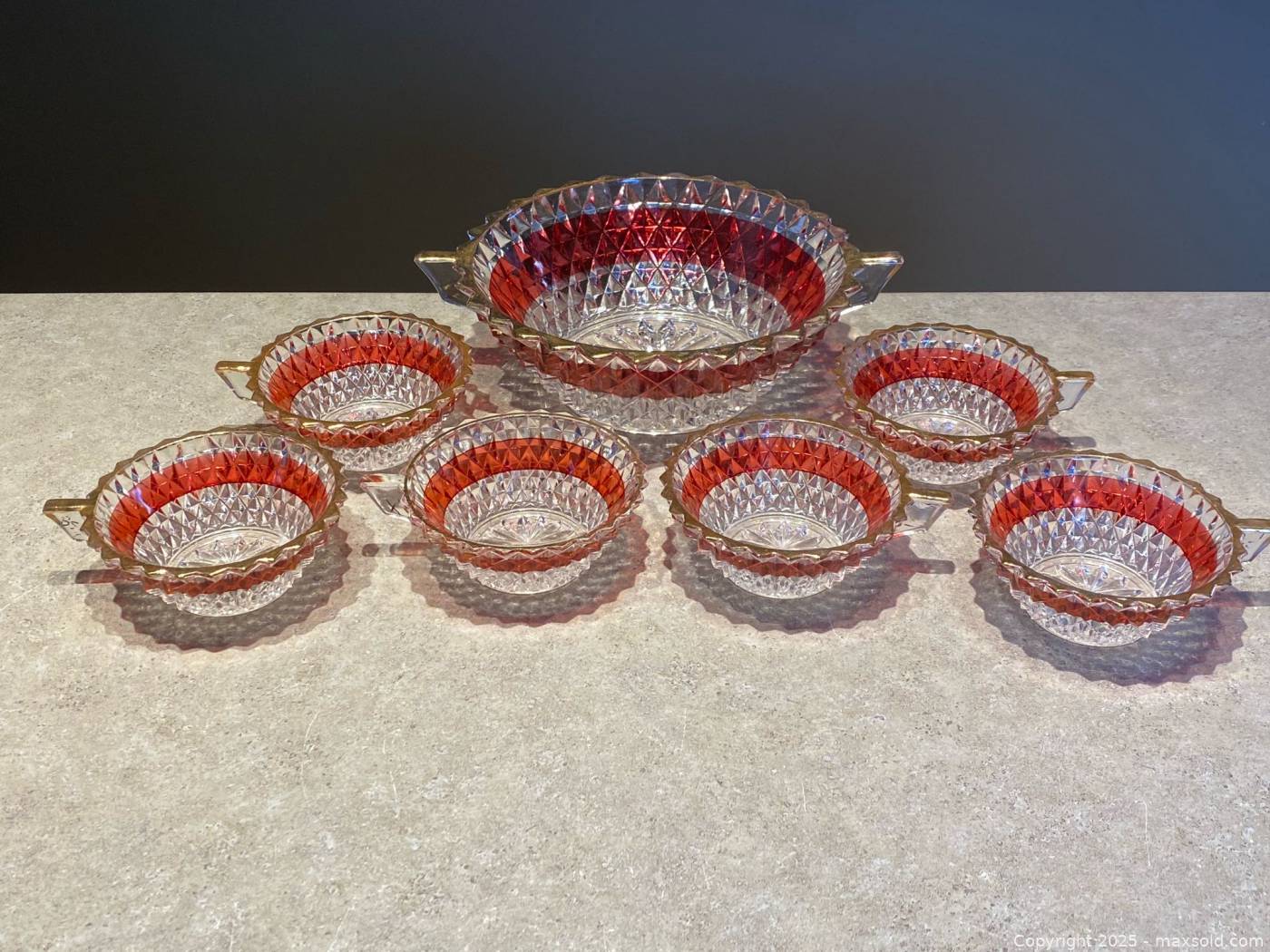 Ruby-flash diamond-cut pressed glass serving bowl and six handled bowls ...