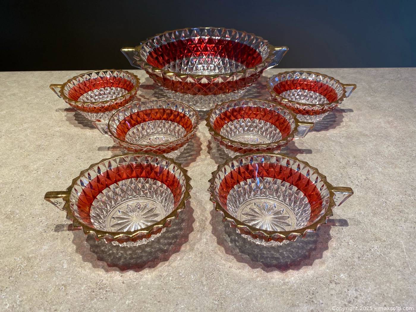 Ruby-flash diamond-cut pressed glass serving bowl and six handled bowls ...